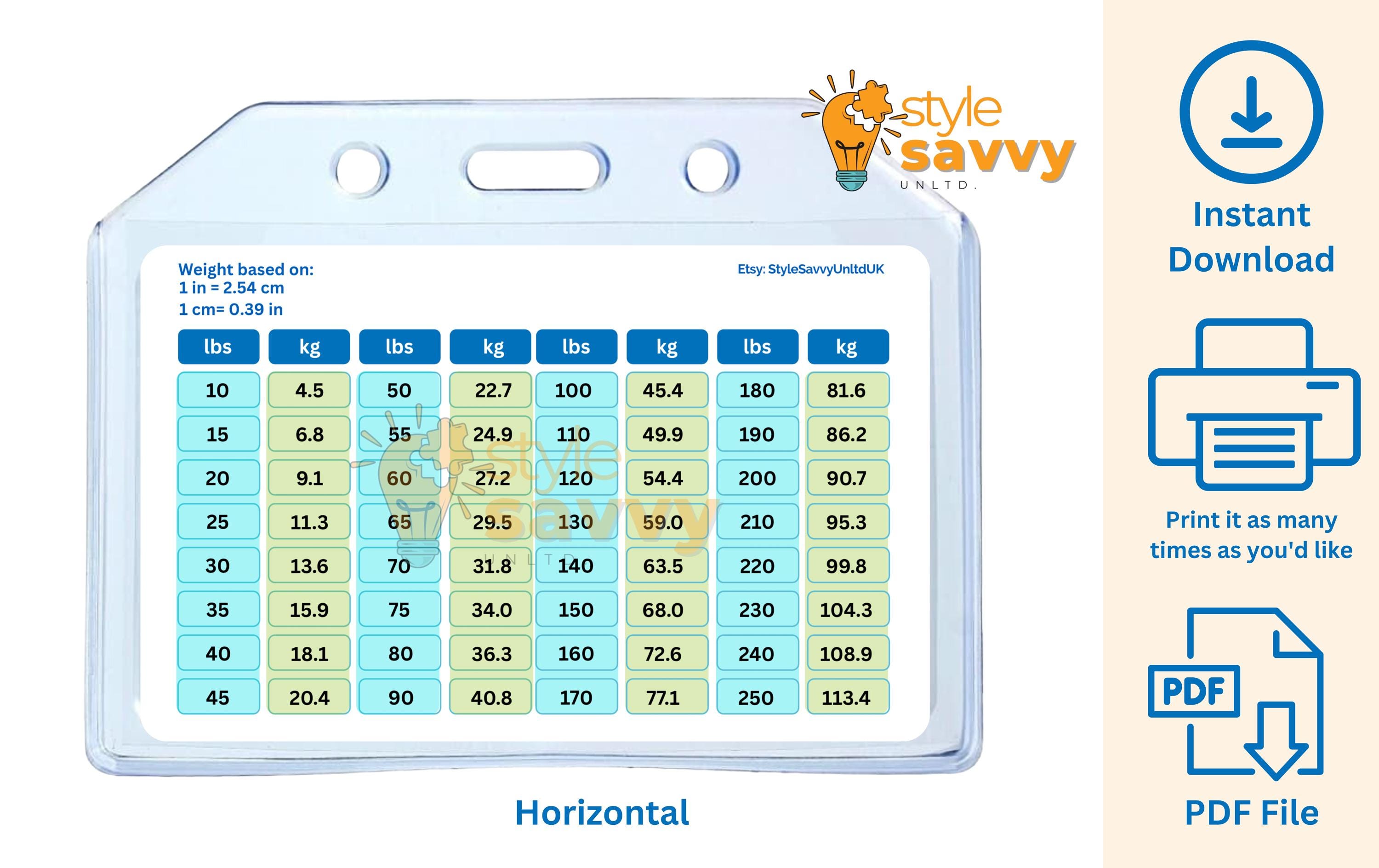 Weight and Height Conversion Table Double-sided Badge Buddy | ID Insert ...