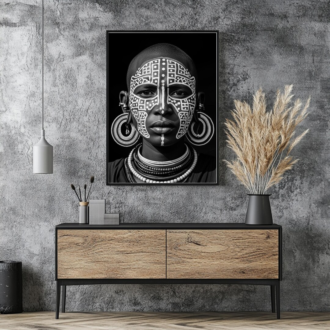 African Tribal Portrait Print: Geometric Face Paint, Ethnic Decor ...