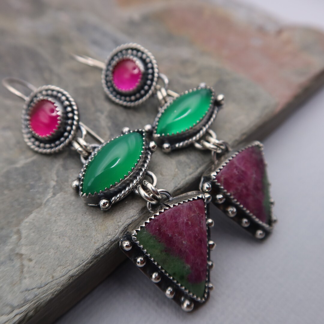 Triple Gemstone Collage Sterling Silver Earrings Ruby, Green Onyx and Ruby Zoisite - Etsy