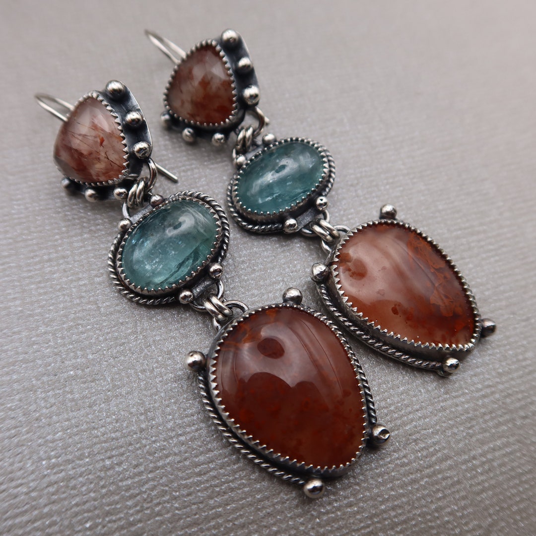 Pigeon Blood Agate, Aqua Kyanite, Red Rutile Sterling Silver Linear ...