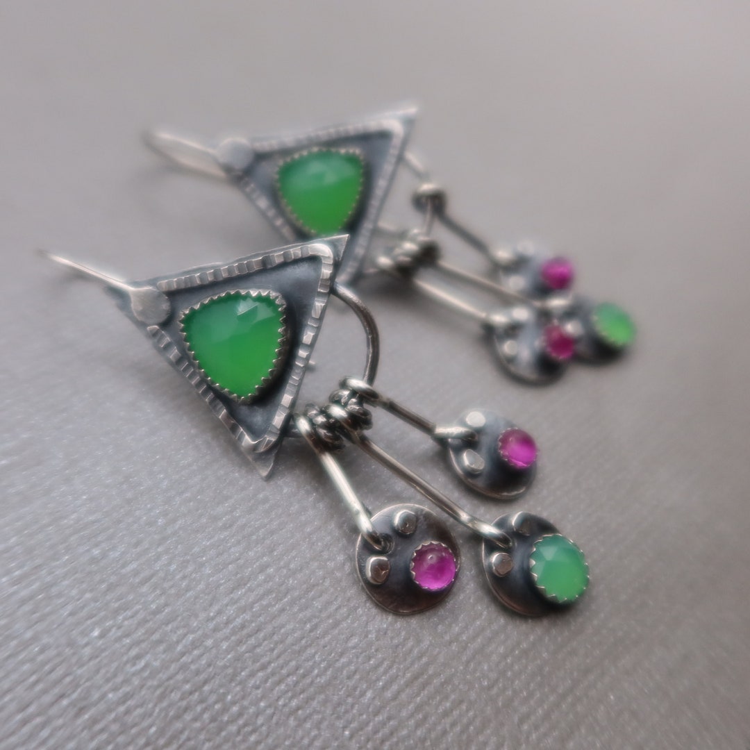 Chrysoprase and Pink Sapphire Artisan Fringe Sterling Silver Earrings ...