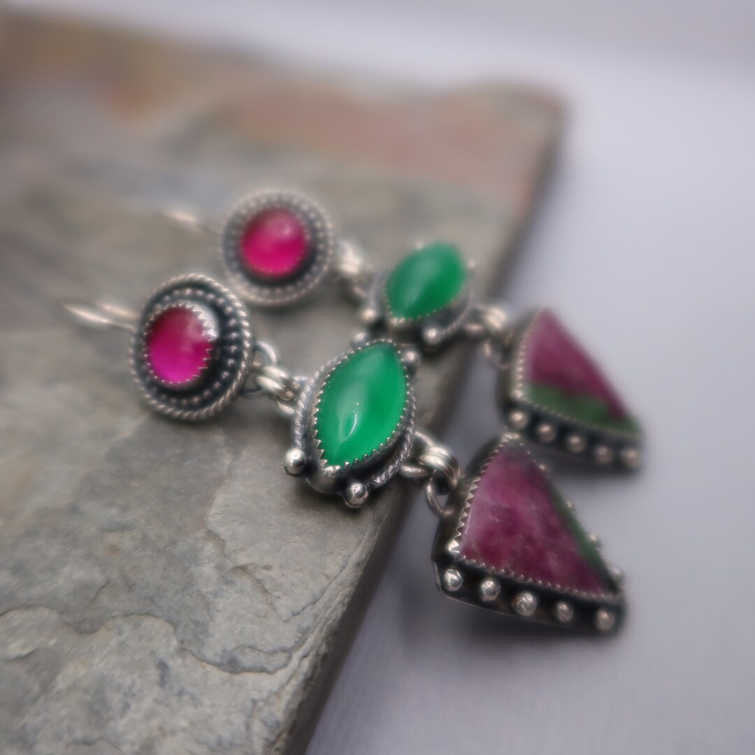 Triple Gemstone Collage Sterling Silver Earrings Ruby, Green Onyx and Ruby Zoisite - Etsy