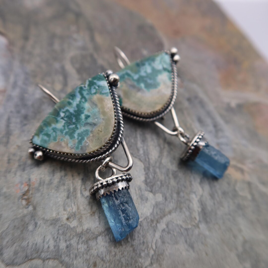 Blue Tide Agate and Aquamarine Stick Sterling Silver Metalsmith ...