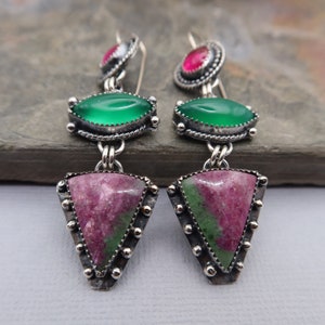 Triple Gemstone Collage Sterling Silver Earrings Ruby, Green Onyx and Ruby Zoisite - Etsy
