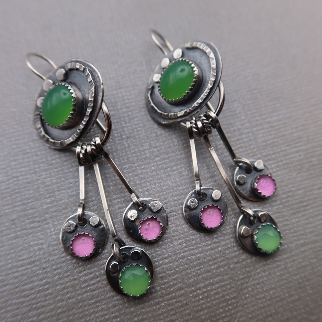 Chrysoprase and Pink Sapphire Fringe Artisan Sterling Earrings - Etsy