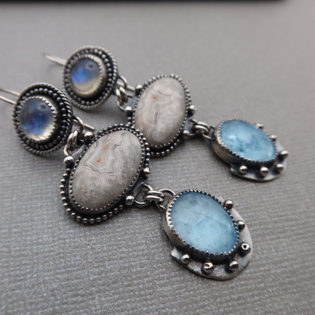 Triple Collage Earrings Crazy Lace Agate, Aquamarine and Rainbow ...