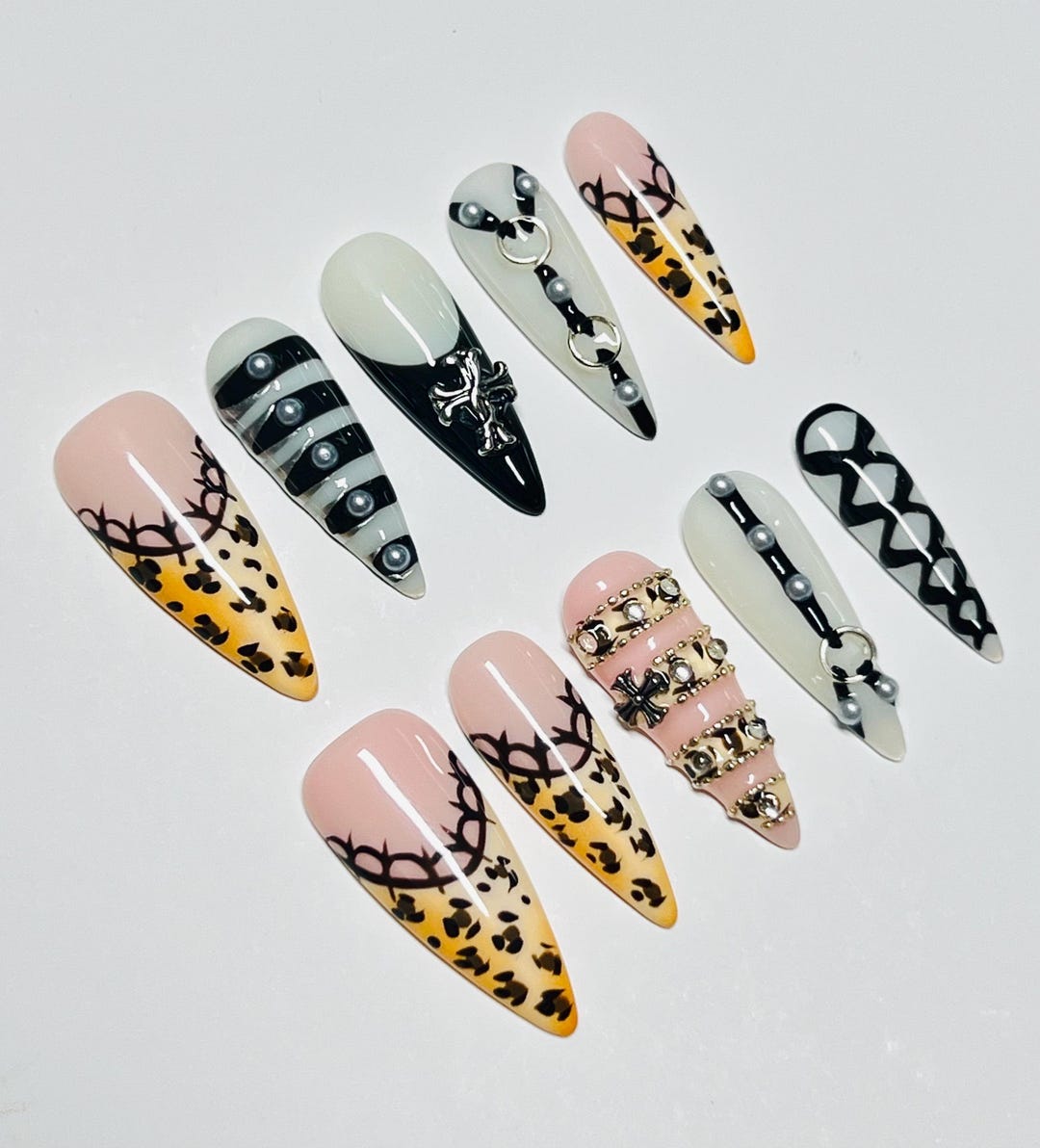 Gothic Leopard Print Stiletto Press-on Nails: Metal Cross Accent - Etsy