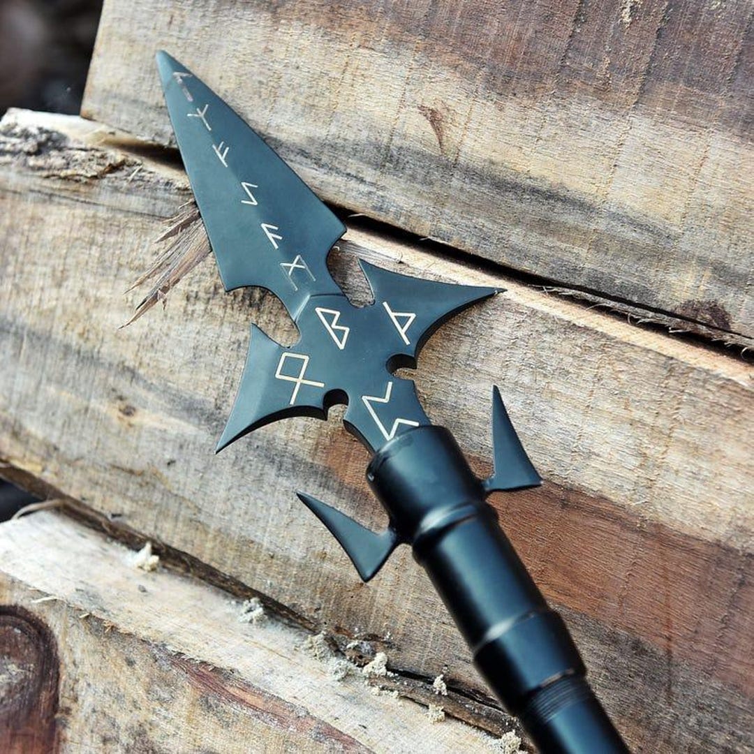 Hand-forged Viking Spear – Engraved Norse Runes – Blackened Steel ...