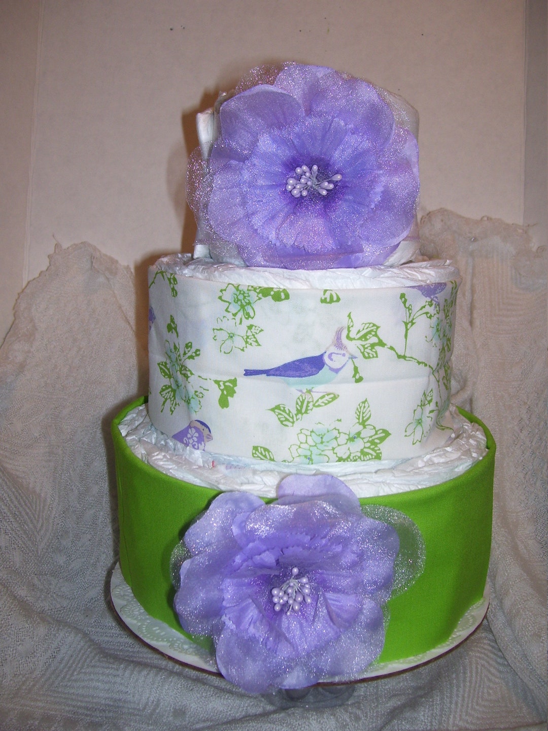 3 Tier Diaper Cake: Purple Flower & Bird Baby Shower Decor - Etsy