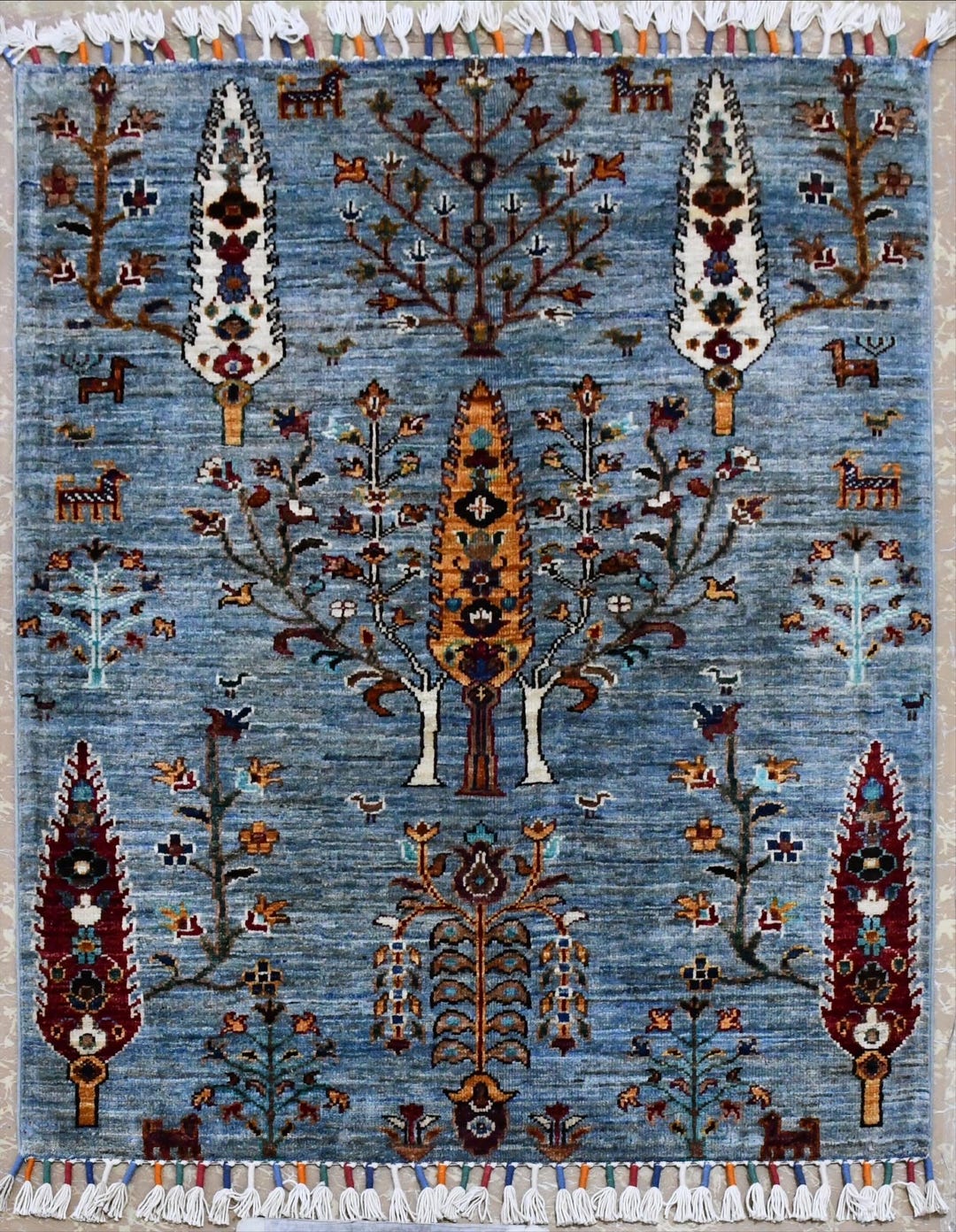 3x4 Ft Colorful Tree of Life Area Rug - Hand Woven Wool 3x4 Rug, Blue ...