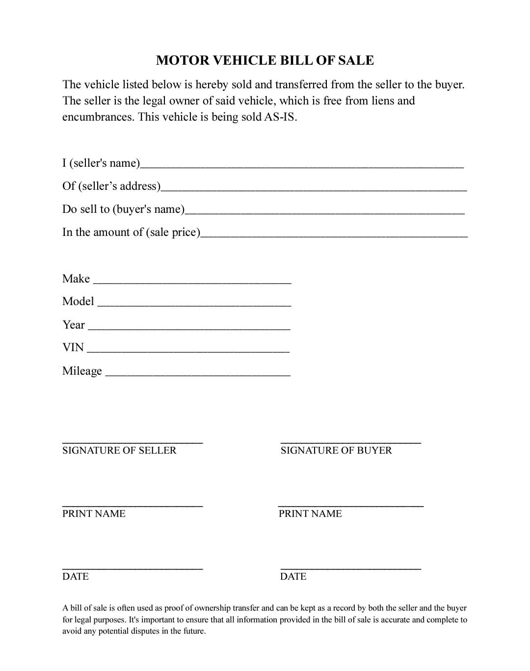 Motor Vehicle Bill of Sale - Etsy