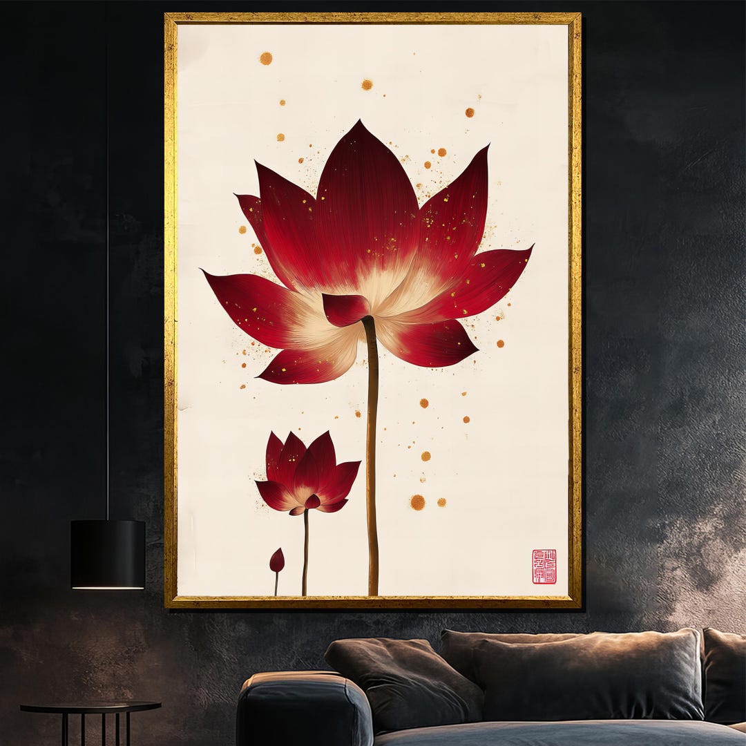 Radiant Red Lotus Embrace – Golden Speckled Bloom & Petite Bud ...