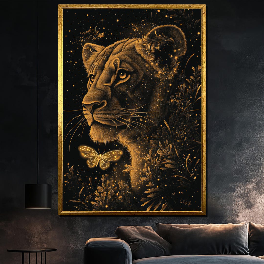 Golden Lioness Canvas Painting With Magic Butterfly for Wildlife Art ...