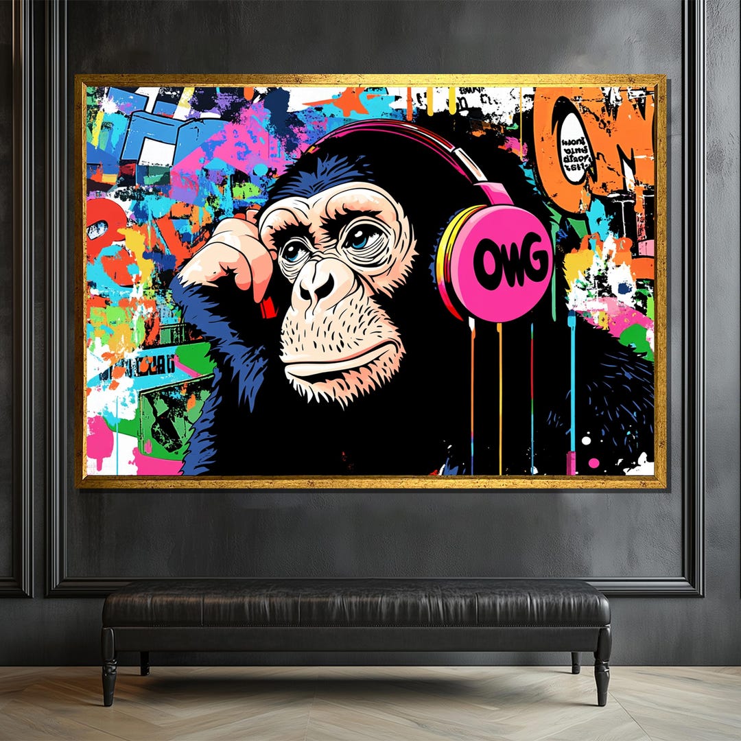 Vibrant Colorful Chimp With Headphones Canvas Painting for Art Gift ...