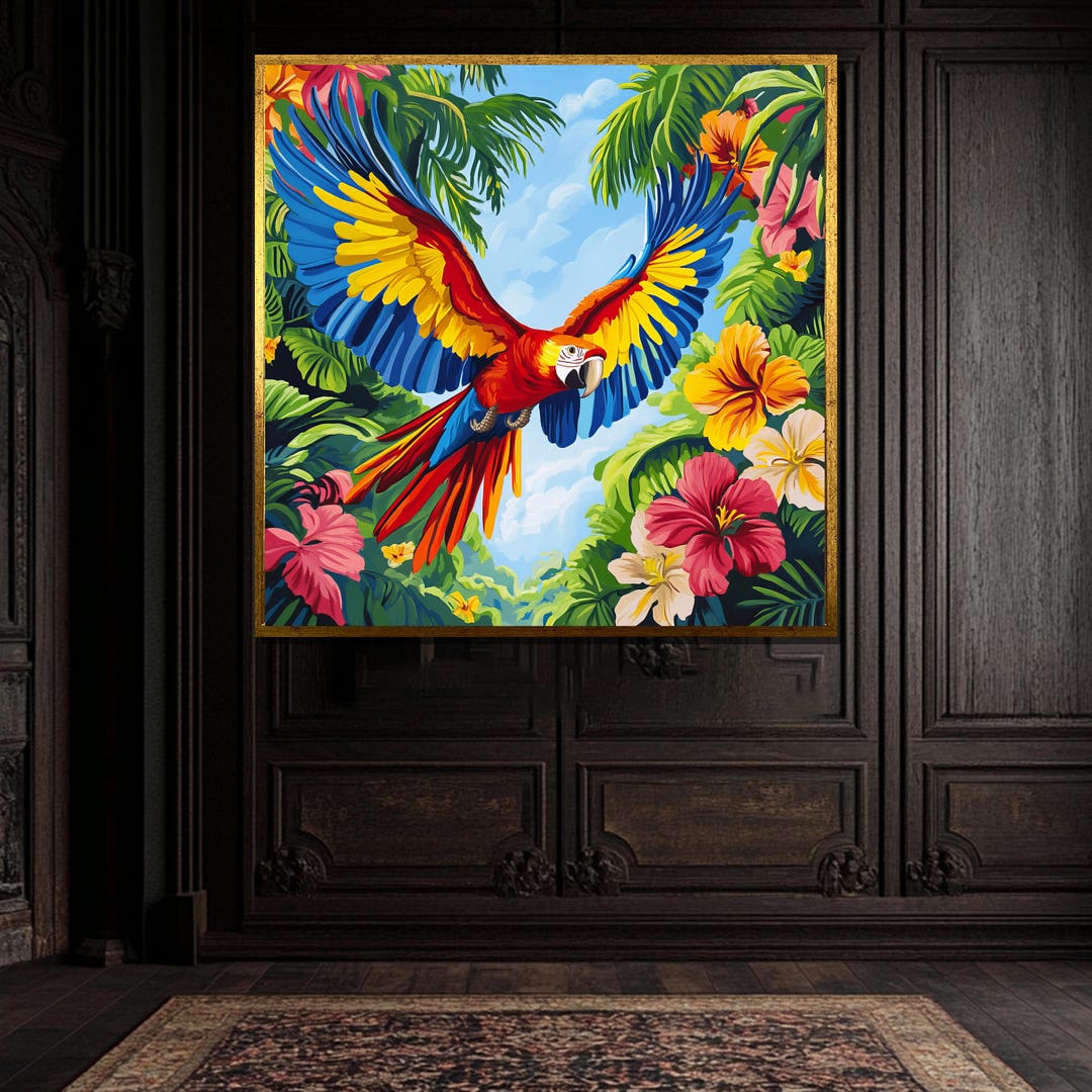 Vibrant Macaw Canvas Painting Gift - Colorful Parrot Soaring Through ...