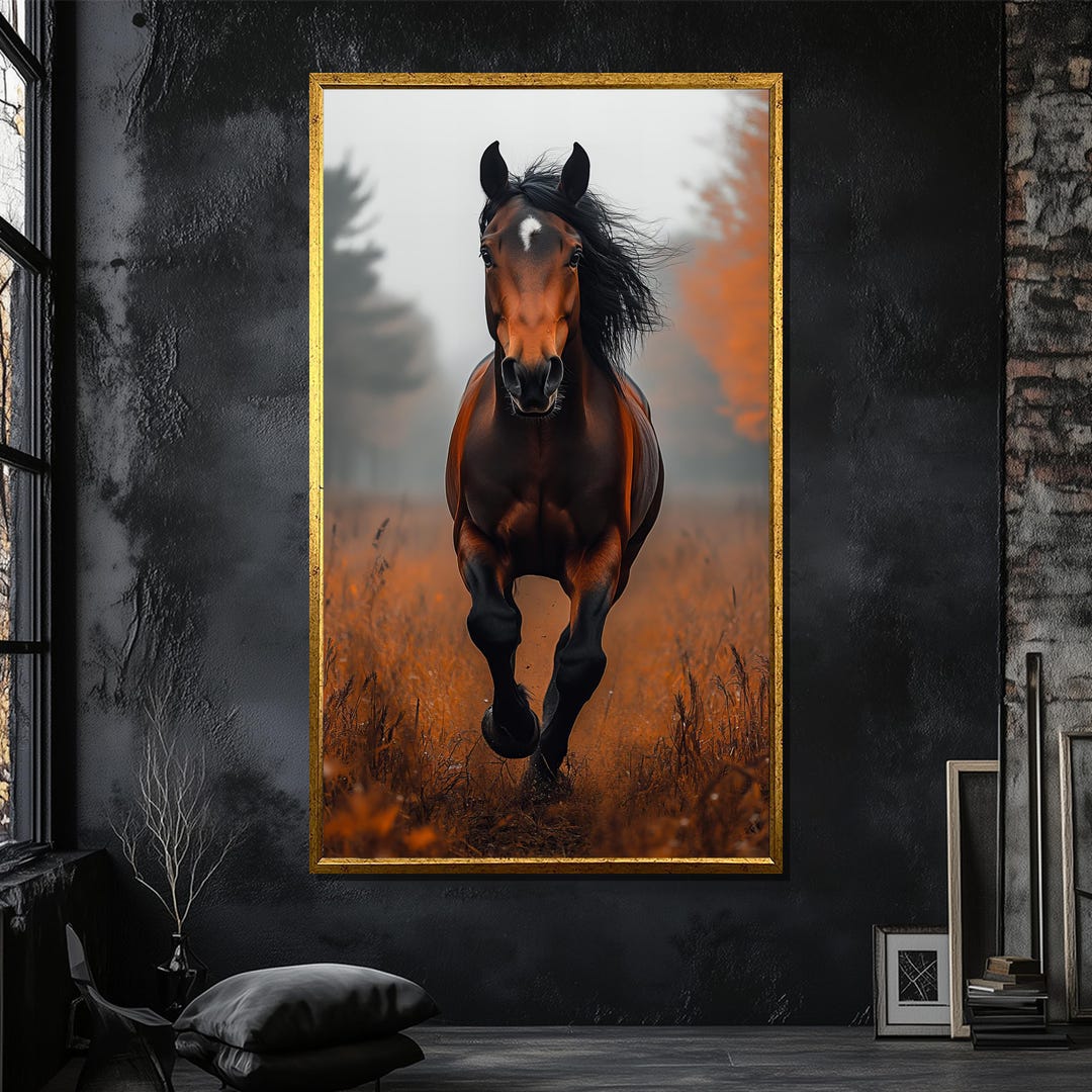 A Majestic Stallion Charging Through Autumn Meadows: Golden Grasses ...