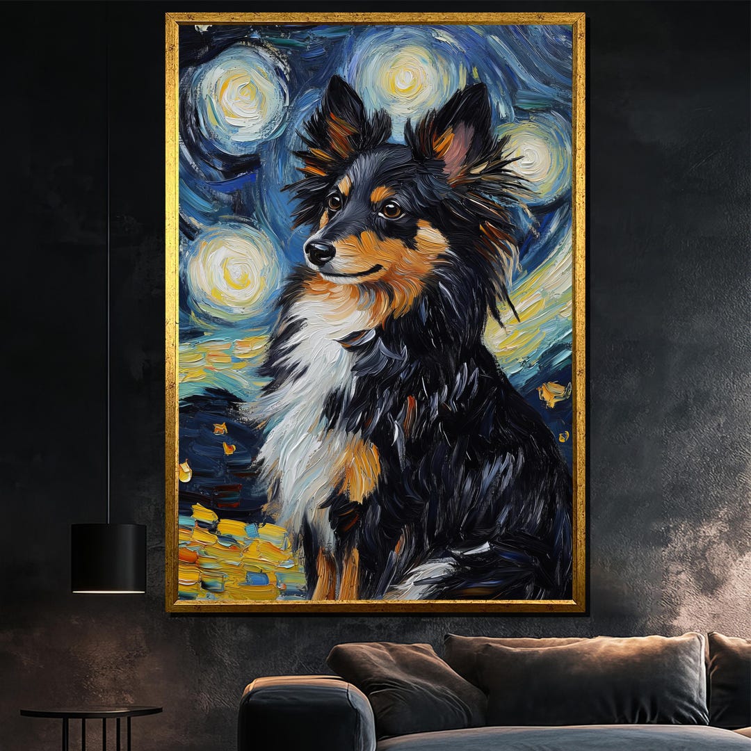 Starry Night Sheltie Canvas Painting Gift – Black Tri-color Shetland ...