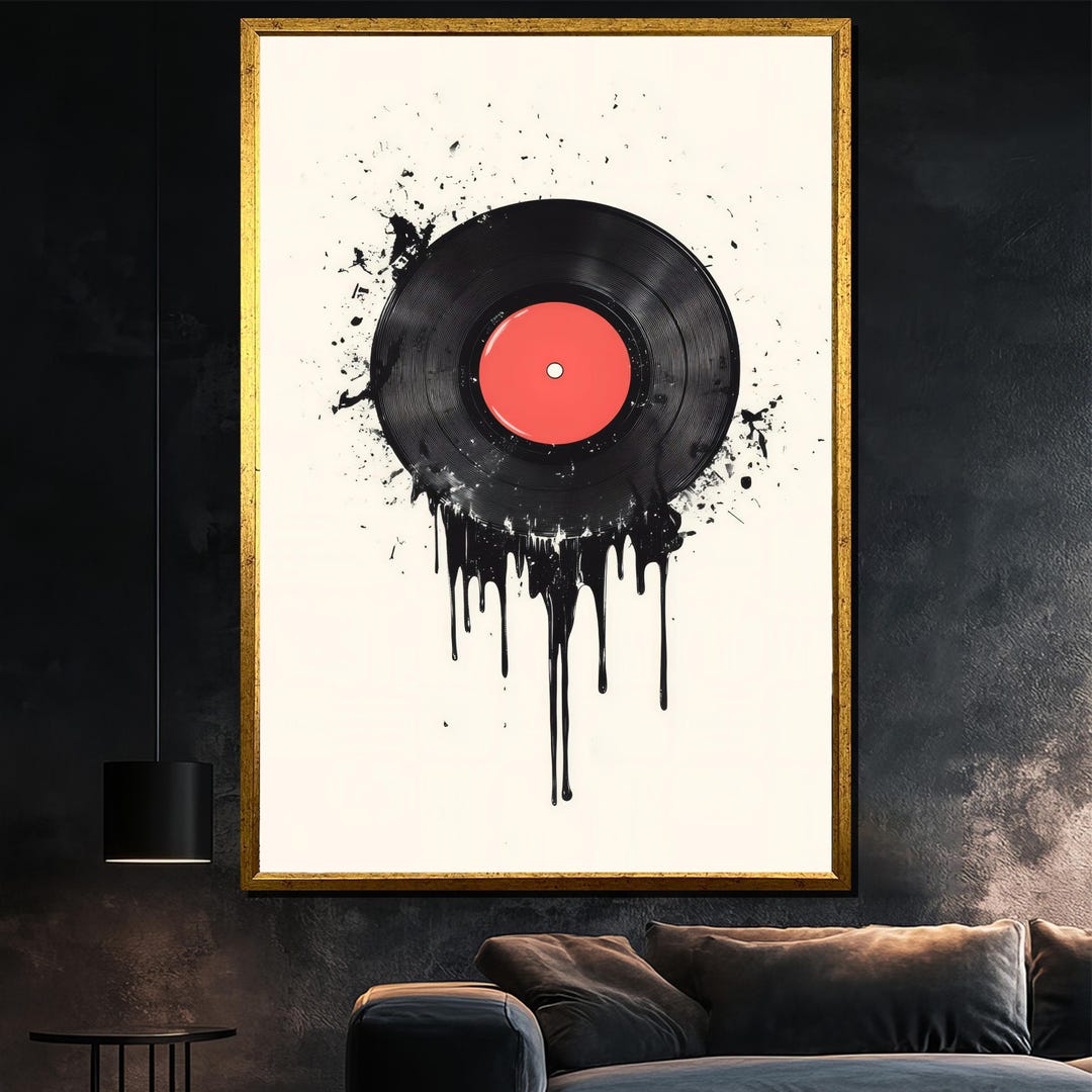 Vintage Melting Vinyl Record Poster Illustration in High-contrast White ...