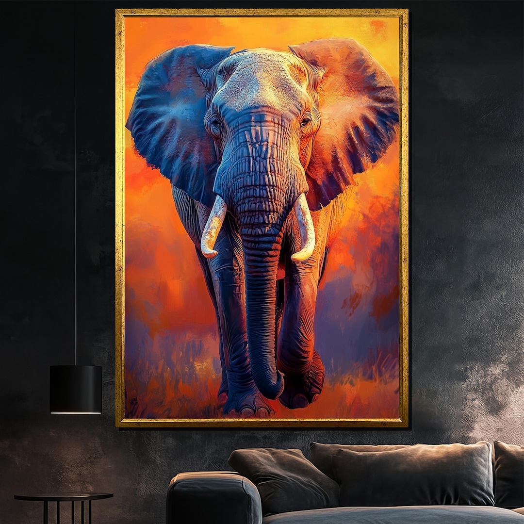Colossal Elephant at Flaming Dawn: A Majestic Oil Painting of ...