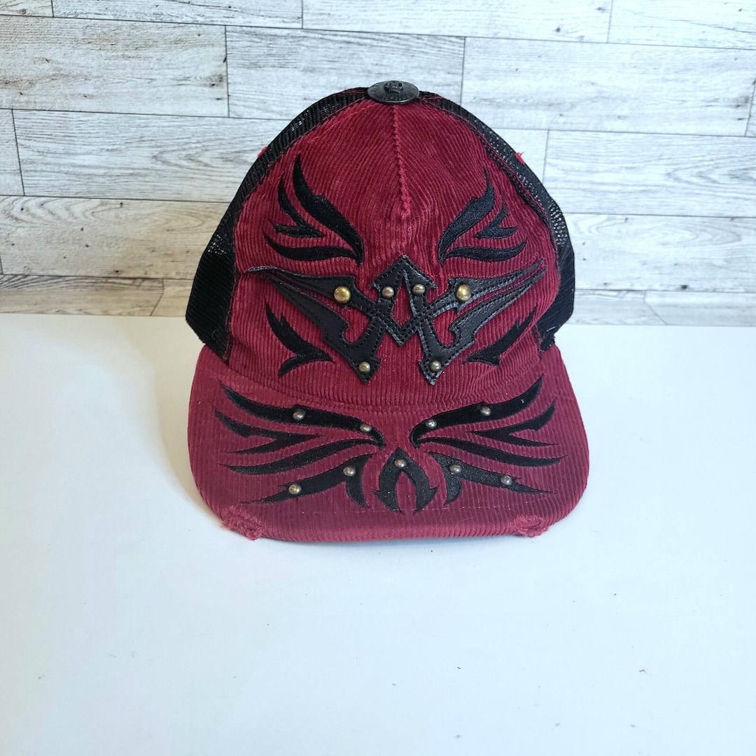 Y2K Affliction Trucker Hat Logo Snapback Red Black Corduroy Distressed ...
