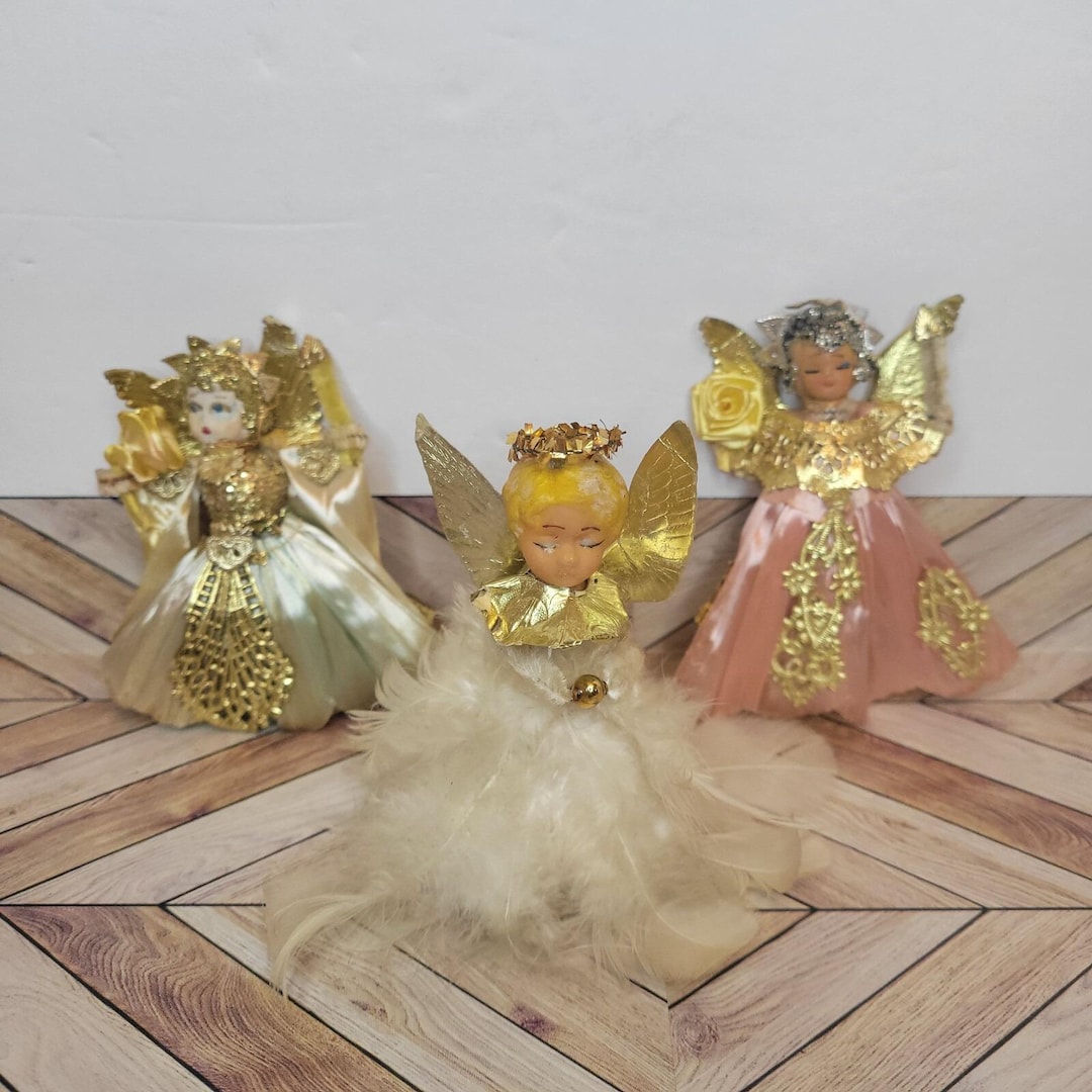 3 MCM Angels Christmas Tree Topper Celluloid Feather Lace Gold Pink ...
