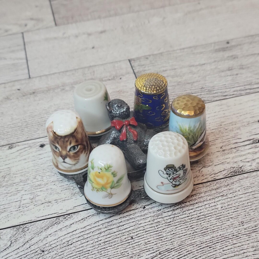 Vintage Thimble Display Holder Bear Iron Cast With 6 Porcelain Thimbles ...