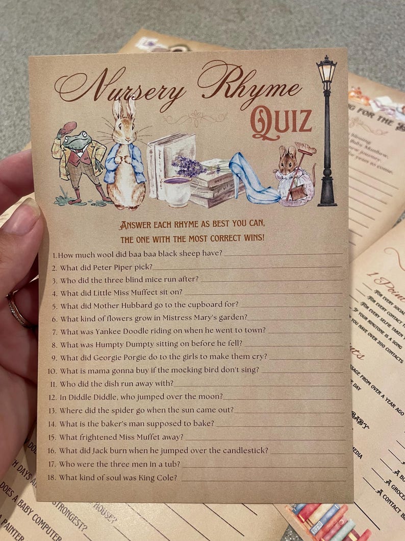 Storybook Baby Shower Nursery Rhyme Quiz Game and Answer Key ...