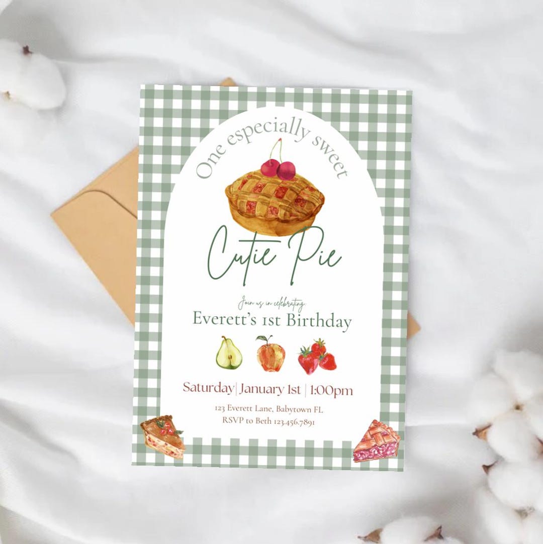 Gingham Cutie Pie Birthday Invitation: Rustic Vintage Theme (PDF ...
