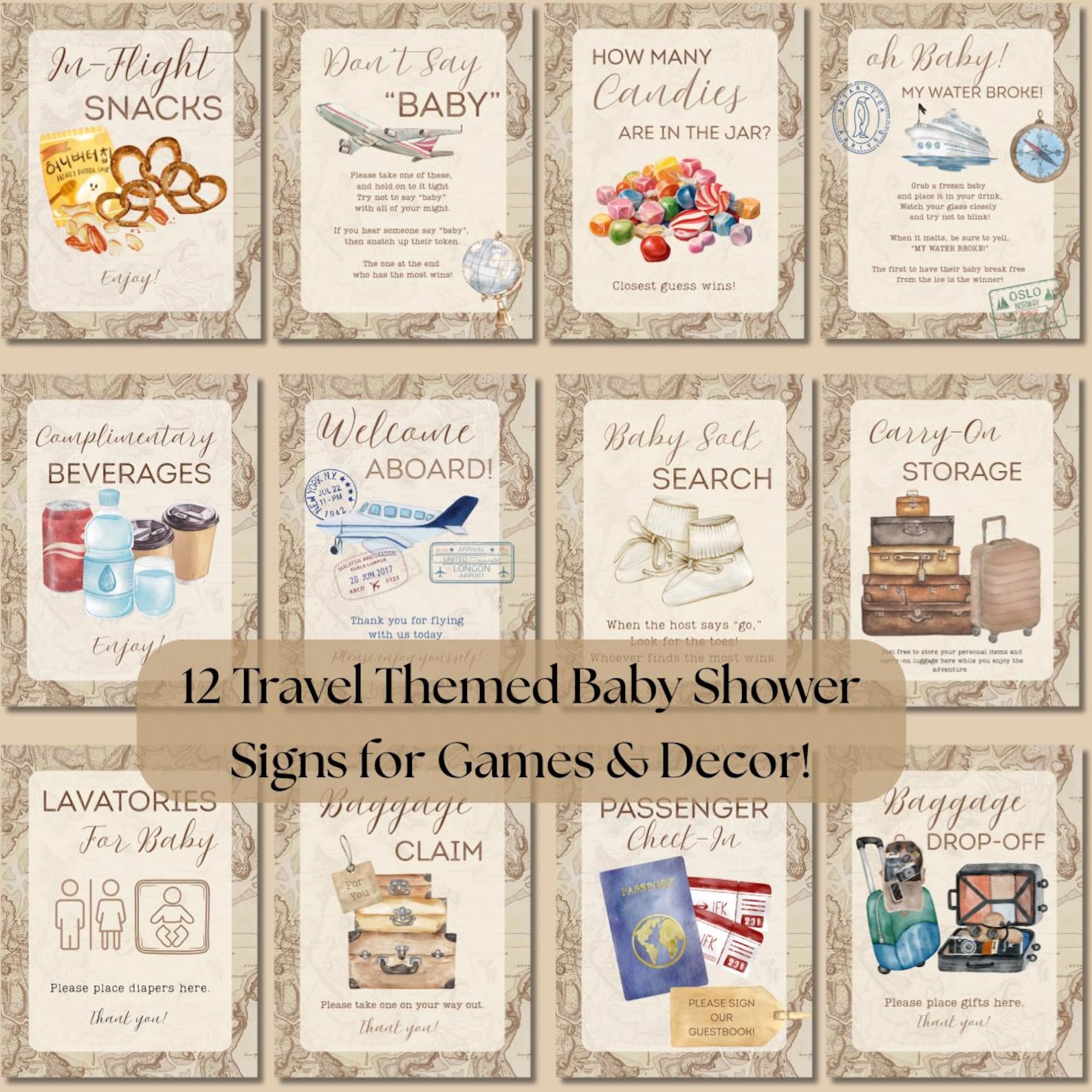 Airplane Travel Themed Baby Shower Decor and Games Bundle Downloadable ...