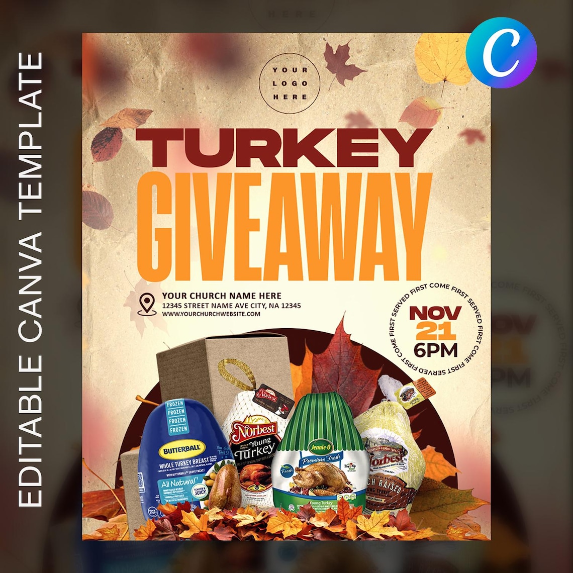 Turkey Giveaway Church Flyer Template | Thanksgiving Outreach (canva ...