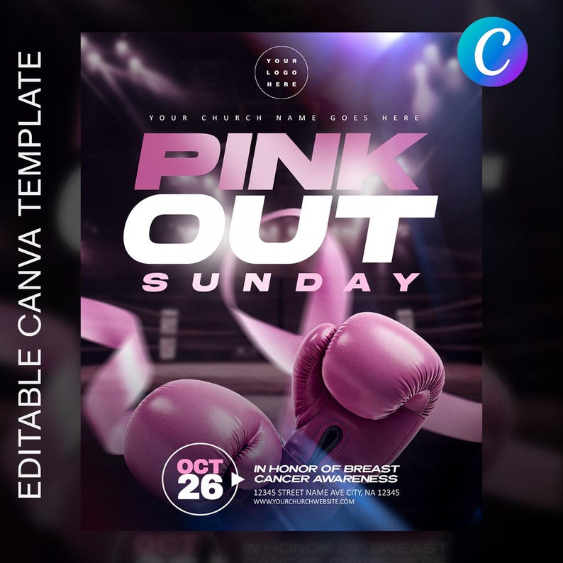 Pink Out Sunday Church Flyer Template | Editable Canva | Breast Cancer ...