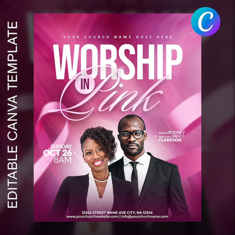 Worship in Pink Sunday Church Flyer Template | Editable Canva | Breast ...