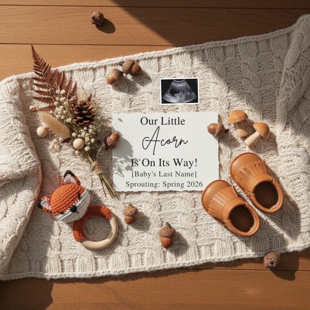 Woodland Acorn Pregnancy Announcement | Boho Baby Reveal (digital ...