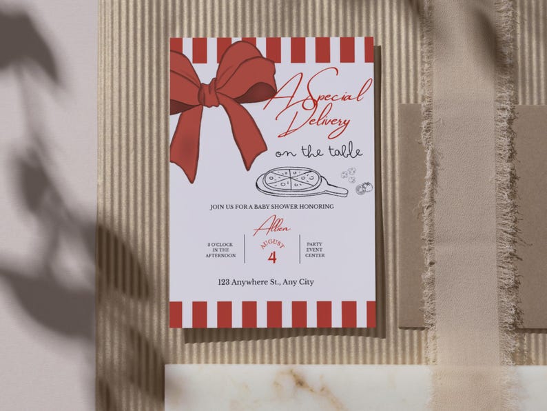 Editable Baby Shower Invitation | Special Delivery Theme | Red Pizza ...
