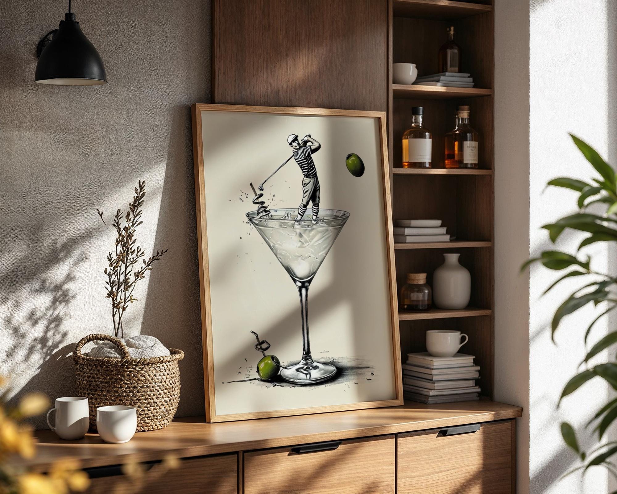 Whimsical Golf Wall Art, Golfer Hitting Olive Out of Dirty Martini, Bar ...