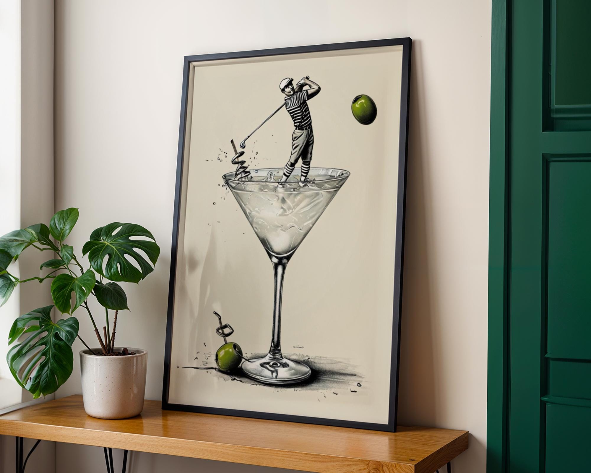 Whimsical Golf Wall Art, Golfer Hitting Olive Out of Dirty Martini, Bar ...