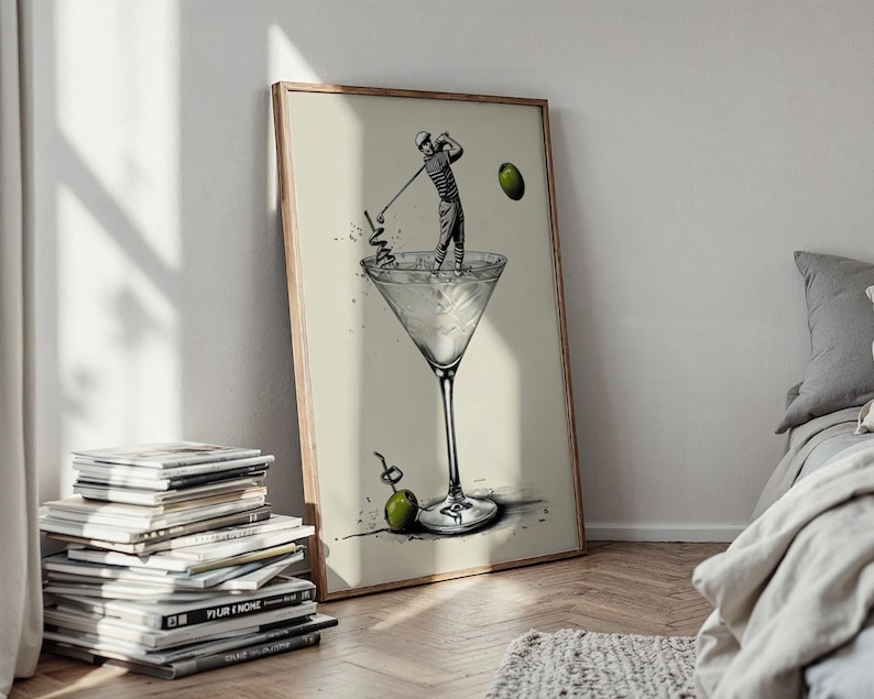 Whimsical Golf Digital Print, Golfer Hitting Olive Out of Dirty Martini ...