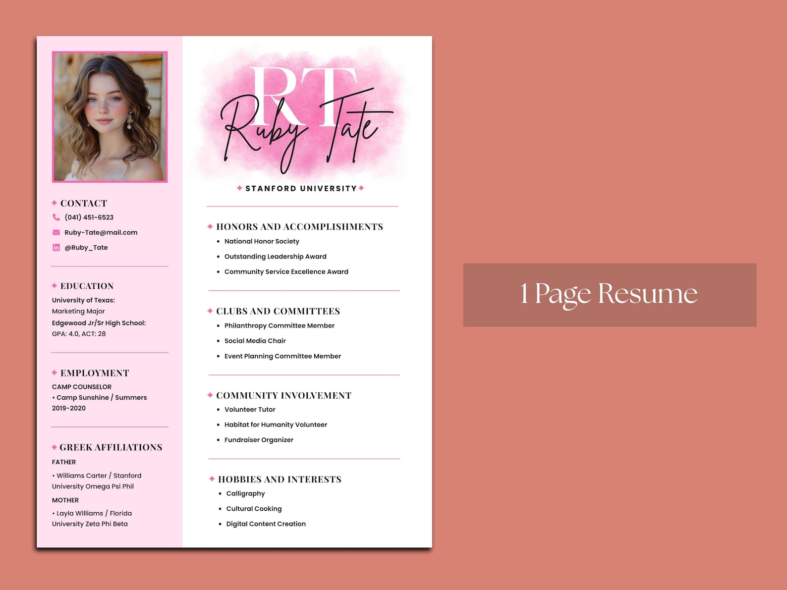 Pink Sorority Resume Template for Canva, Editable Chic Resume for Girls ...