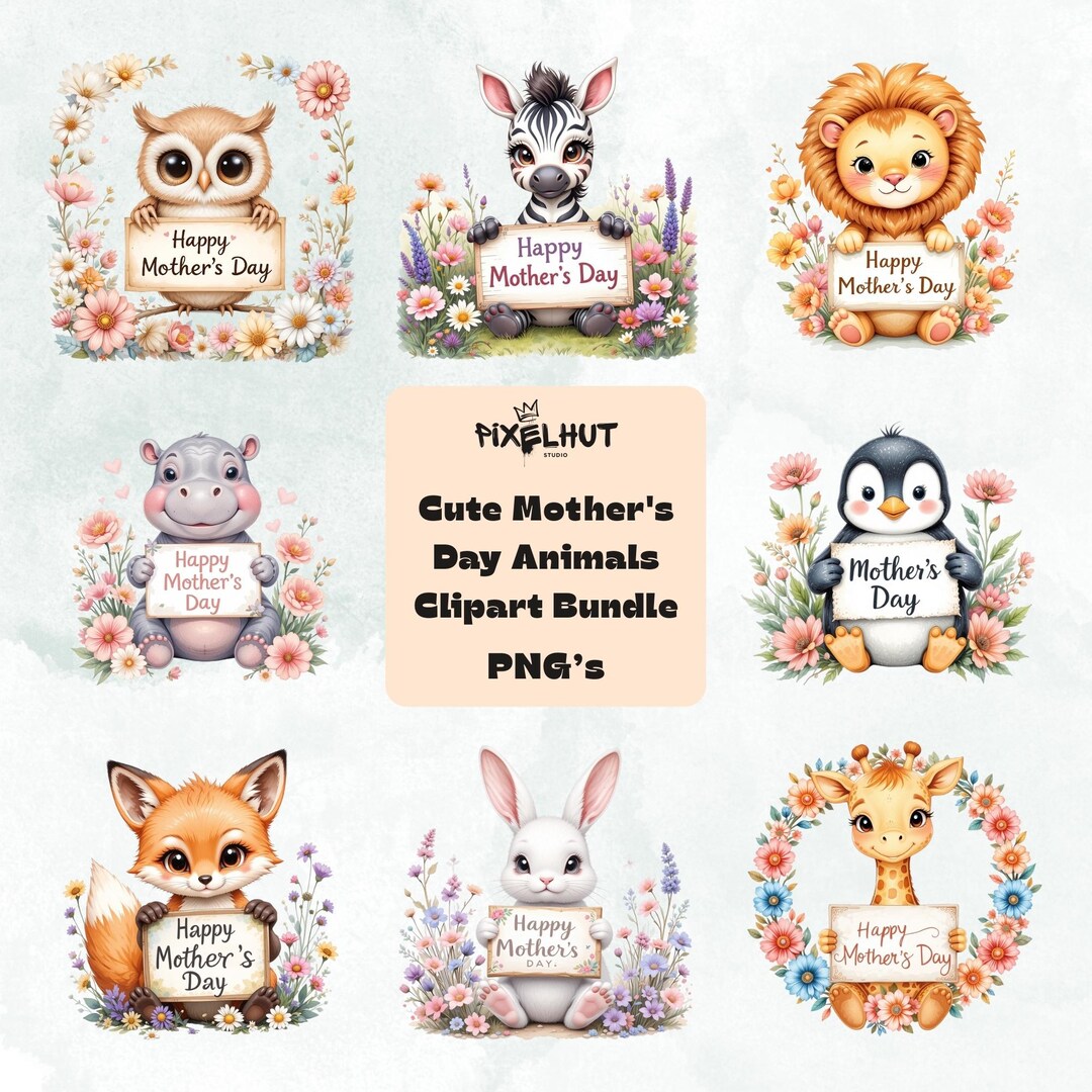 Cute Mother’s Day Animal Clipart | Baby Wildlife PNG Bundle ...