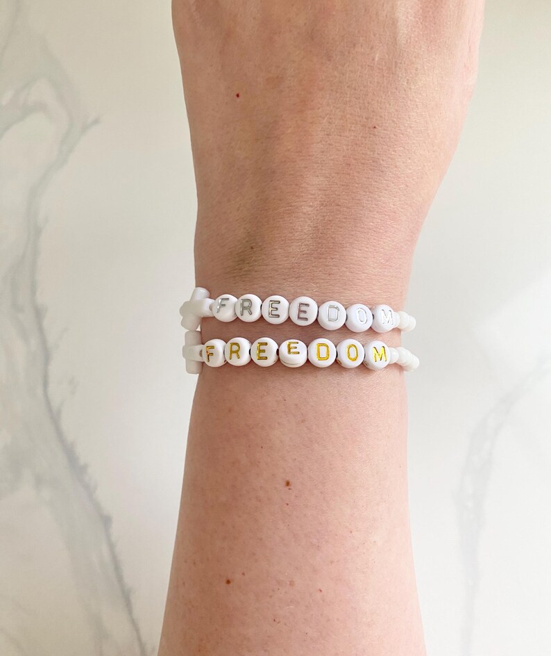 FREEDOM Bracelet With White Cross, Gold or Silver Letters, White Seed ...