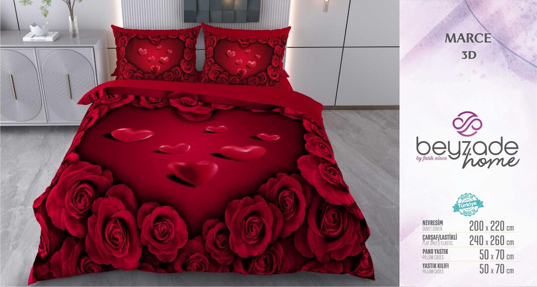 3D Red Heart Bedding Set 200x220 With Sheet and Pillowcases, Romantic ...