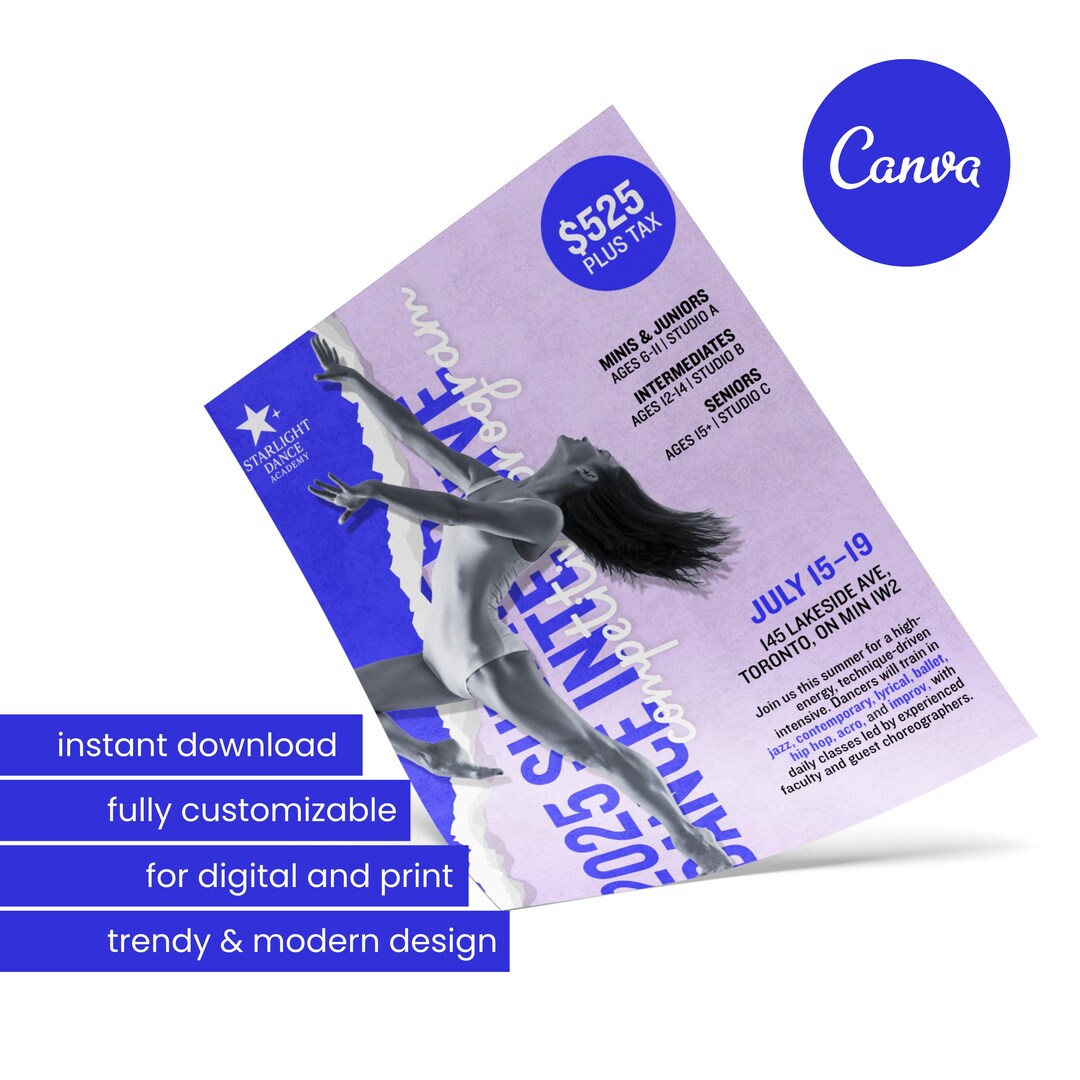 Summer Dance Intensive Flyer Canva Template | Editable Digital ...
