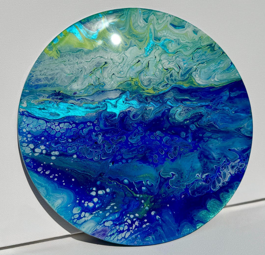 Fluid Art Abstract Painting: 10.5" Round Wood, Blues & Greens - Etsy