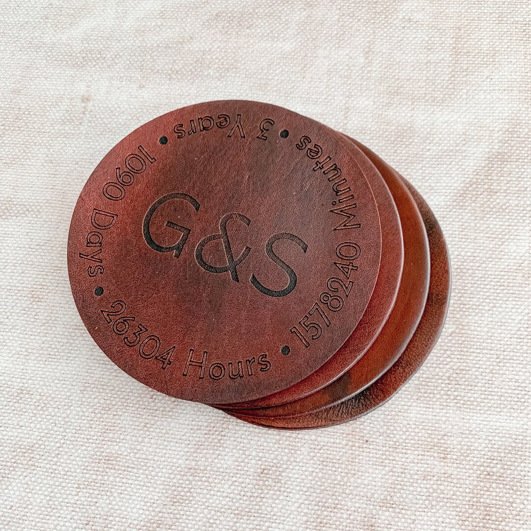 Block Font Third Anniversary Leather Coaster With Personalised Initials ...