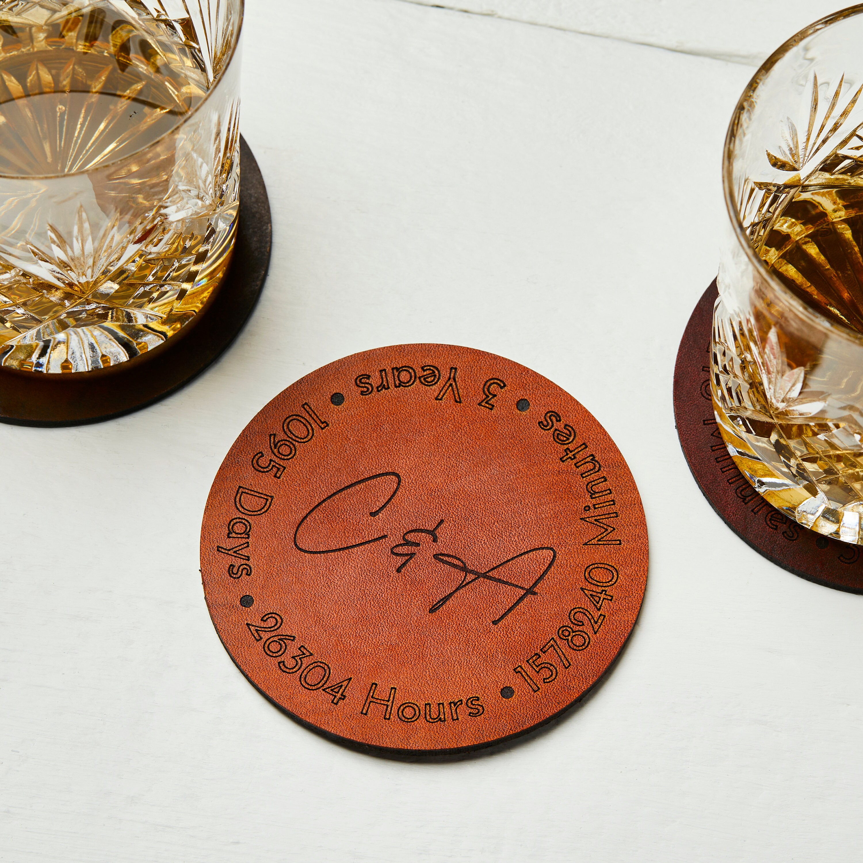 Block Font Third Anniversary Leather Coaster With Personalised Initials ...
