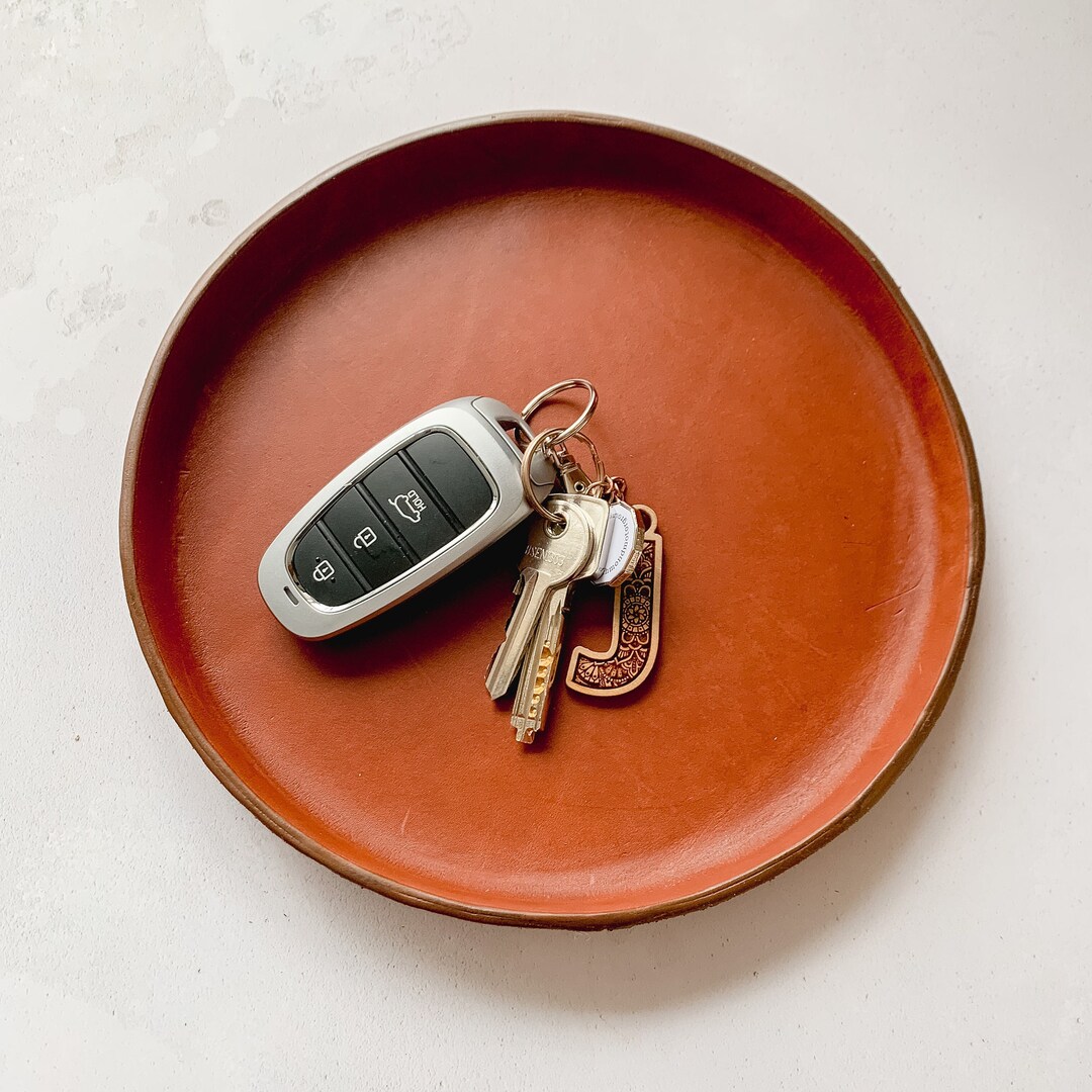Tan Round Leather Tray, Handmade, Perfect for Storage of Small Items in ...