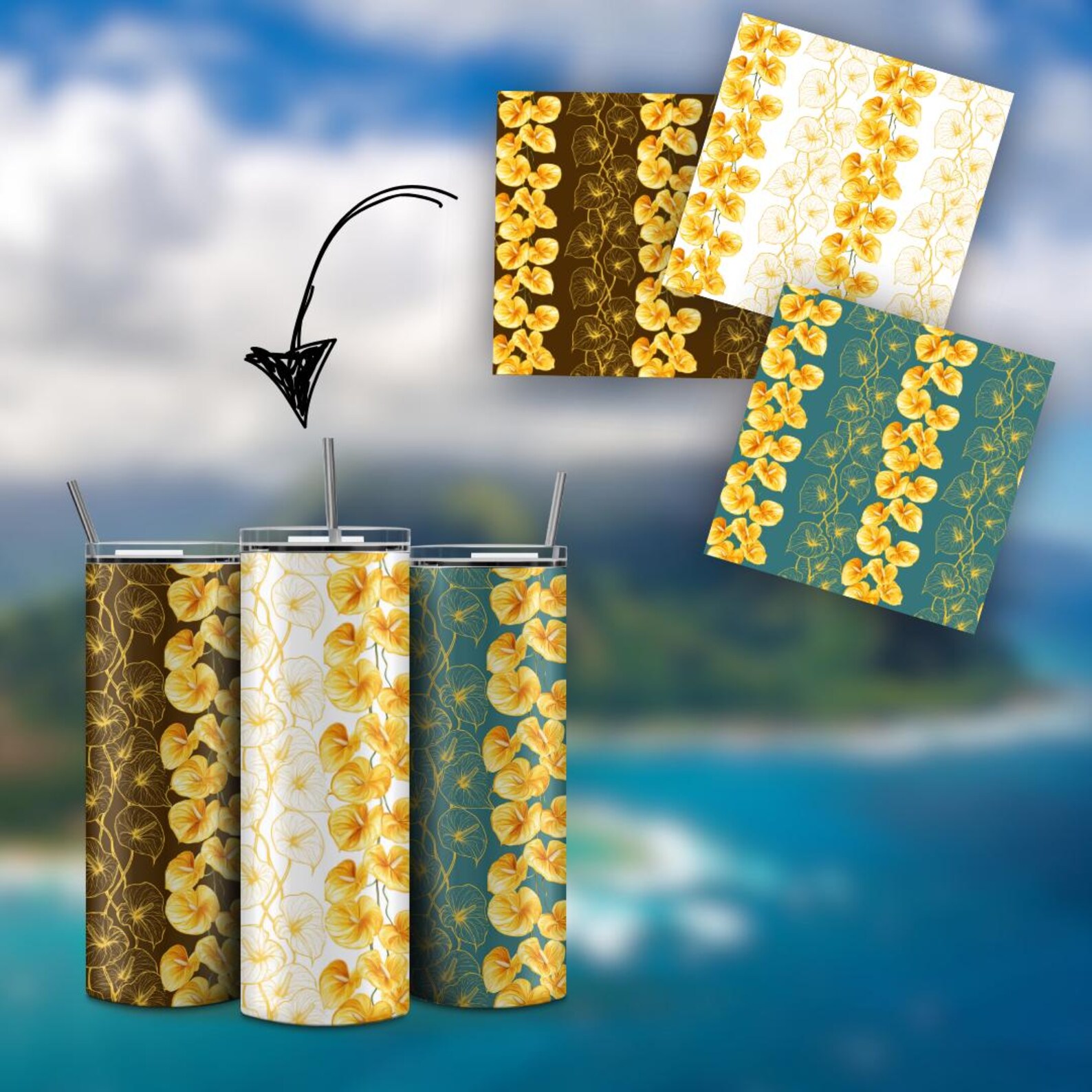 Yellow Anthurium Lei and Outline Seamless Pattern Transparent ...