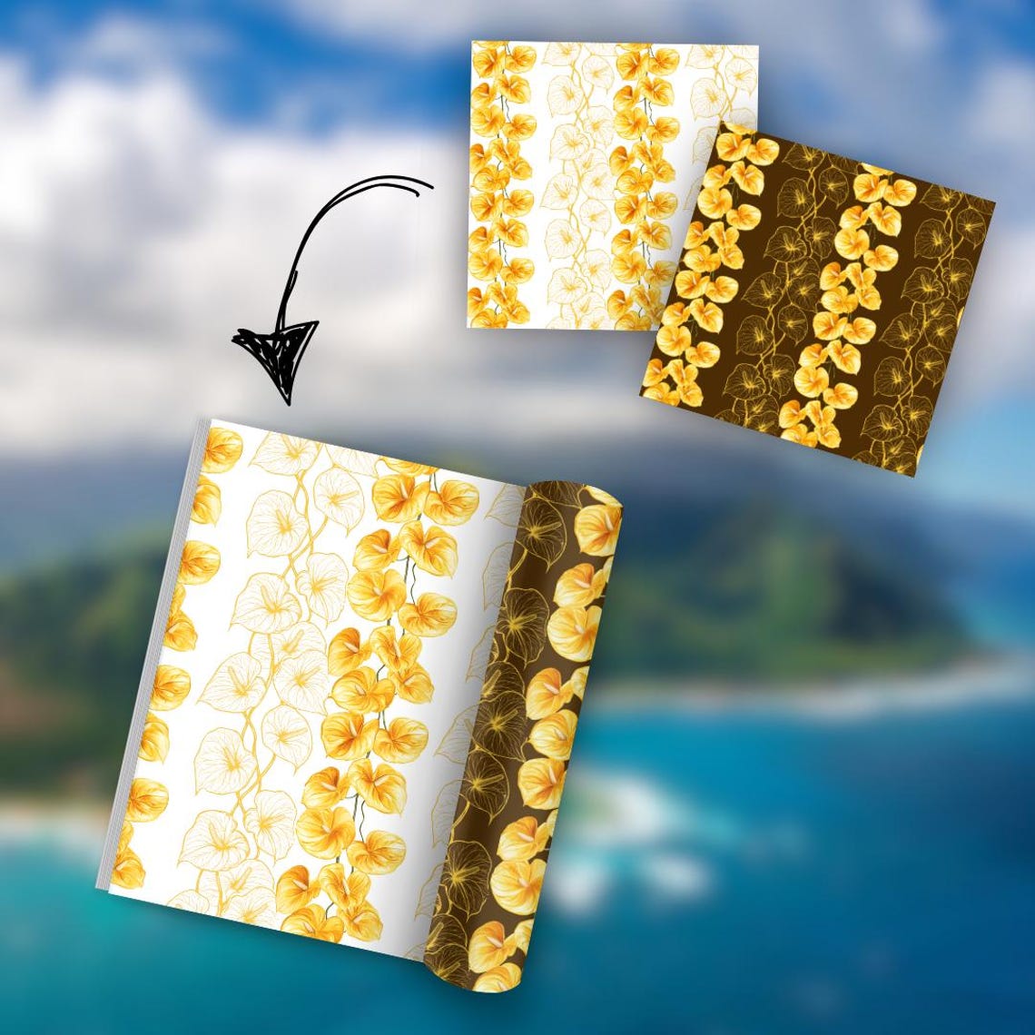 Yellow Anthurium Lei and Outline Seamless Pattern Transparent ...