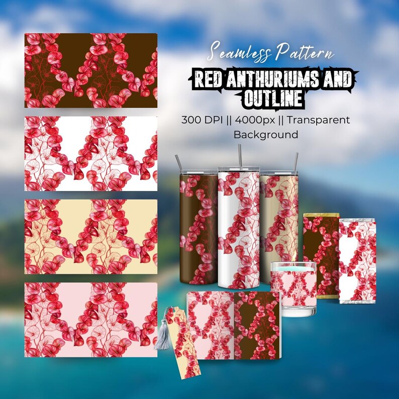 Red Anthurium Lei and Outline Seamless Pattern Transparent Background ...