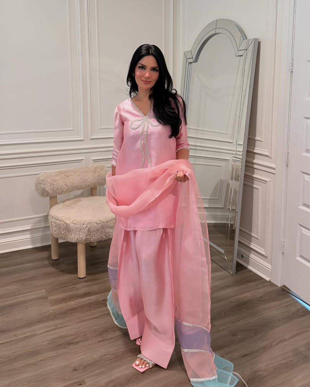 Silk Farshi Shalwar Kameez – Butterfly Design 3-piece Elegant Pakistani ...